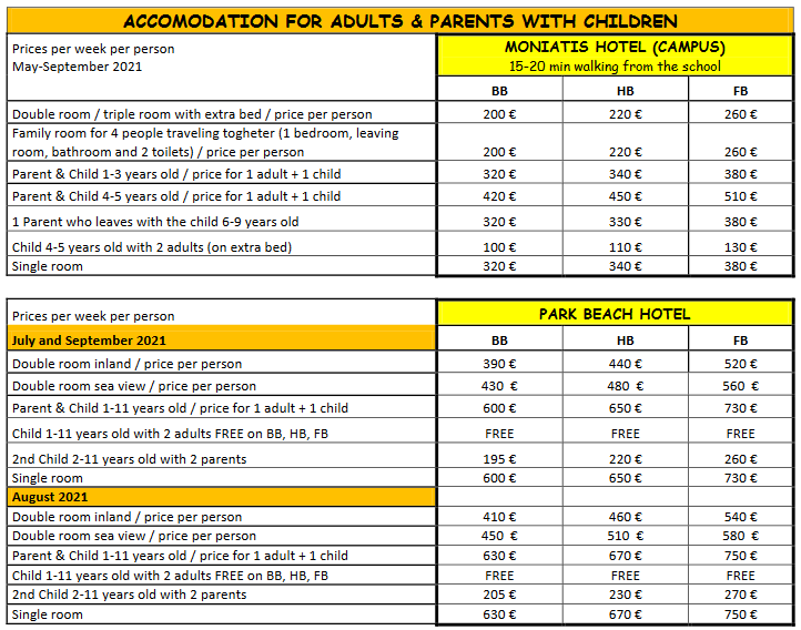 Price list - SunnySchool